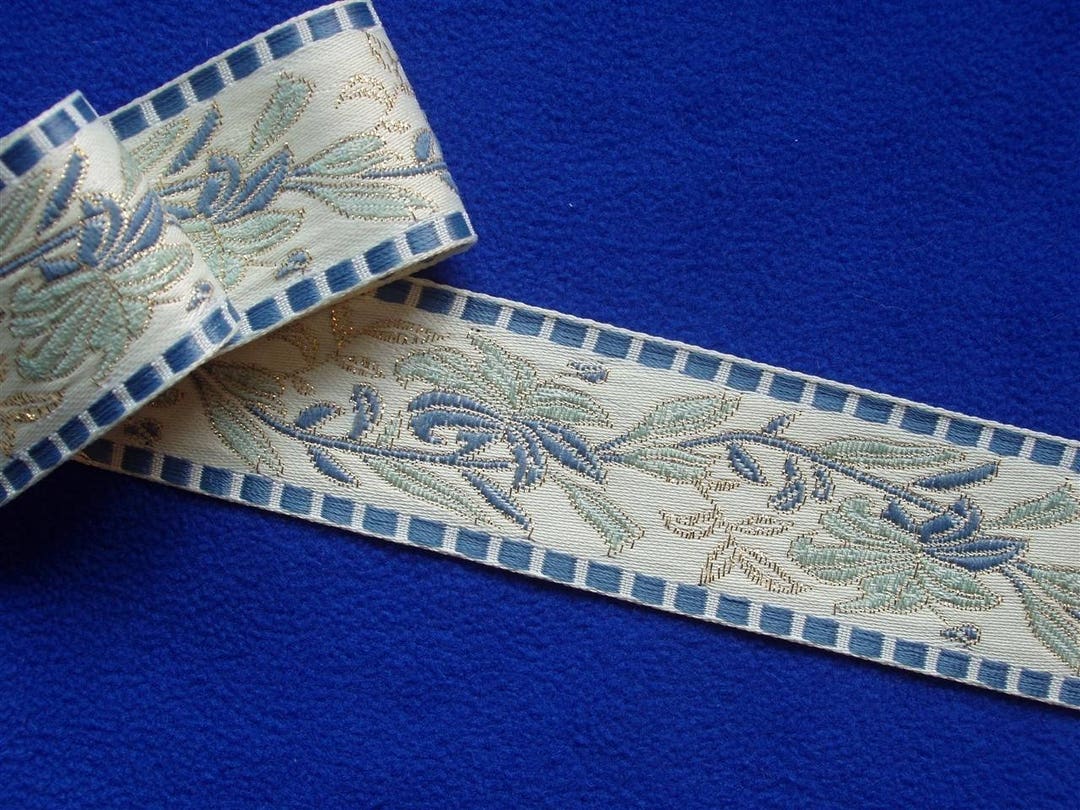 1 3/4" Wide Sparkle Woven Tapestry Ribbon Trim Ivory, Blues, Gold (sold ...