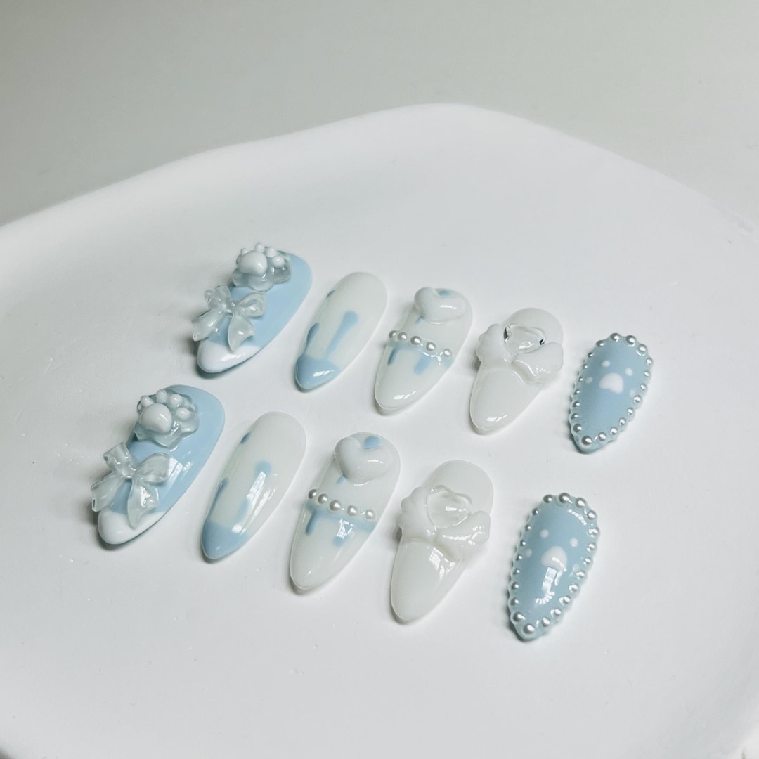 Wind Blue Cute Bow Cat Claw Gel Nails | Press on Nail | 100% Handmade ...