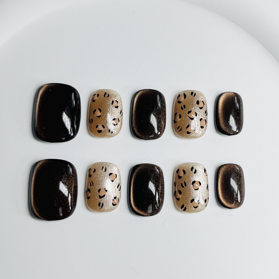 Elegant Gold Obsidian Cat's Eye Leopard Gel Nails | Press on Nail ...