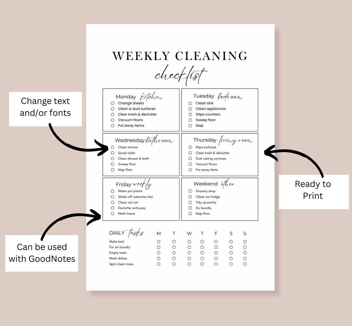 Editable Weekly Planner, Printable Cleaning Checklist, Cleaning Planner ...