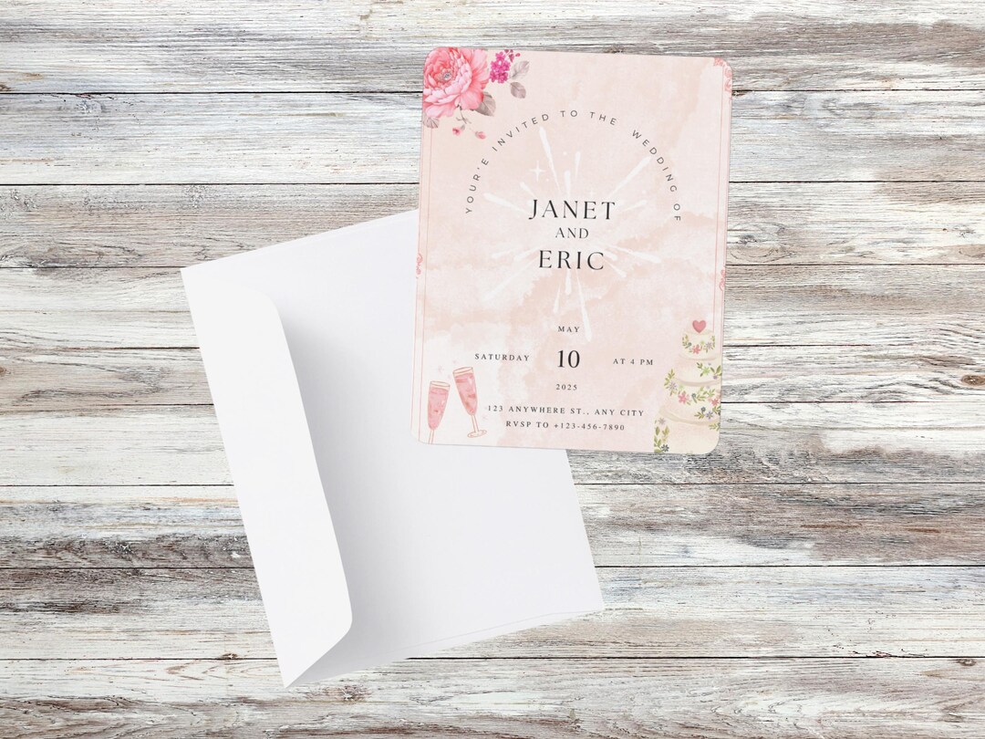 Editable Pink Printable Wedding Invitation With Flowers and Water Color ...