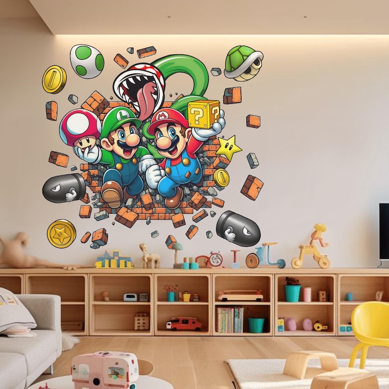 Wall Crack Mario Wall Decal Luigi Wall Sticker Piranha Plant Wall Mural ...