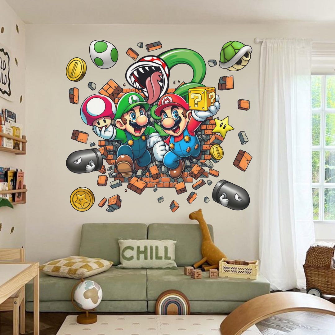 Wall Crack Mario Wall Decal Luigi Wall Sticker Piranha Plant Wall Mural ...