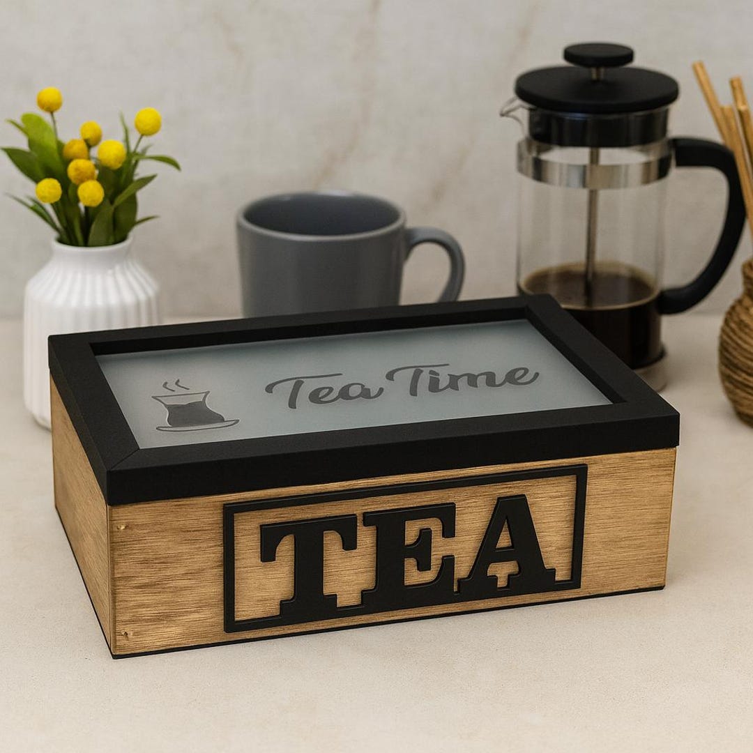 Handmade Wooden Tea Box | 5 Compartment Kitchen Organizer | Plexiglass ...