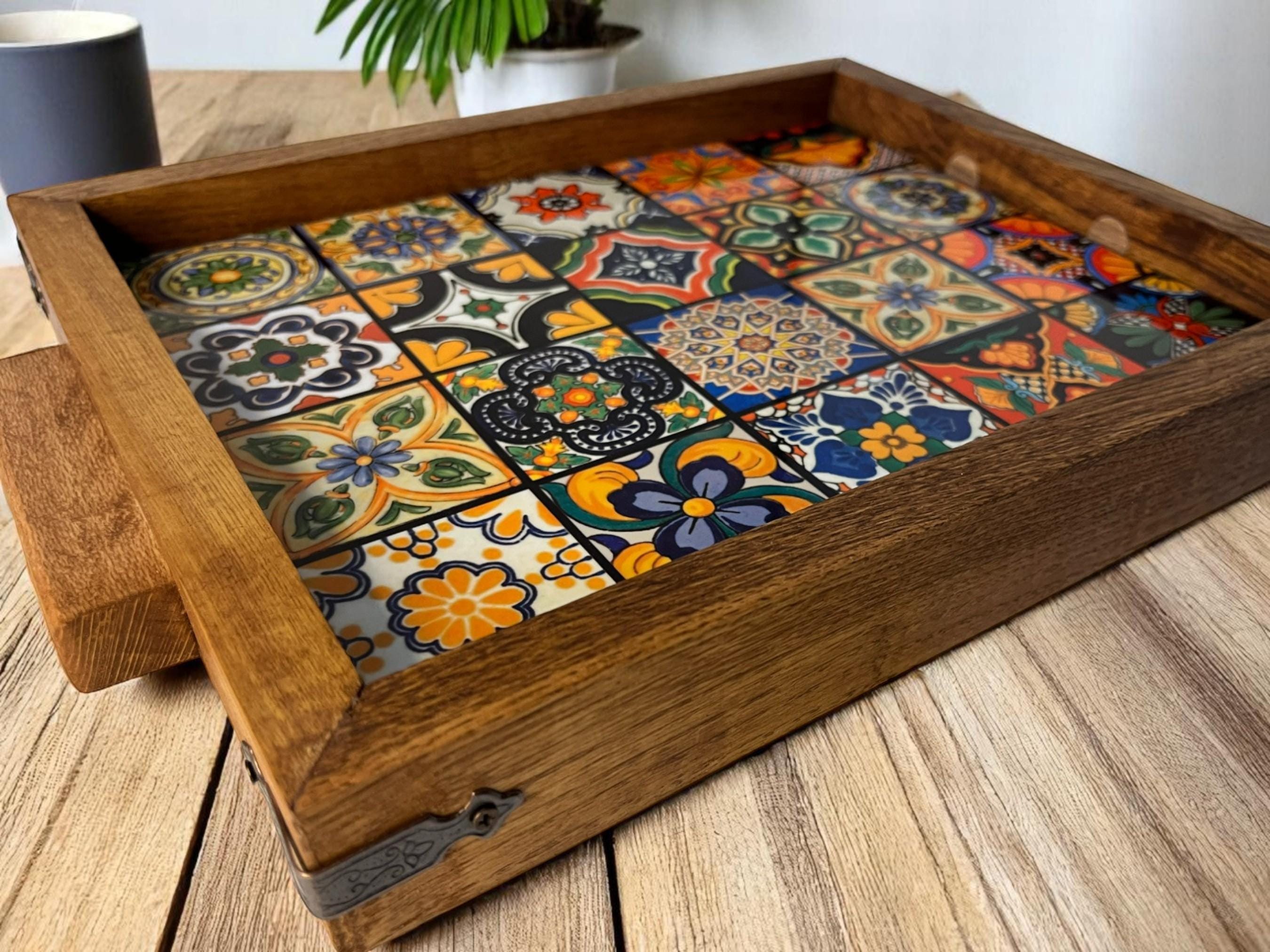 Handmade Wooden Serving Tray: Colorful Ceramic Tile Inlay ...