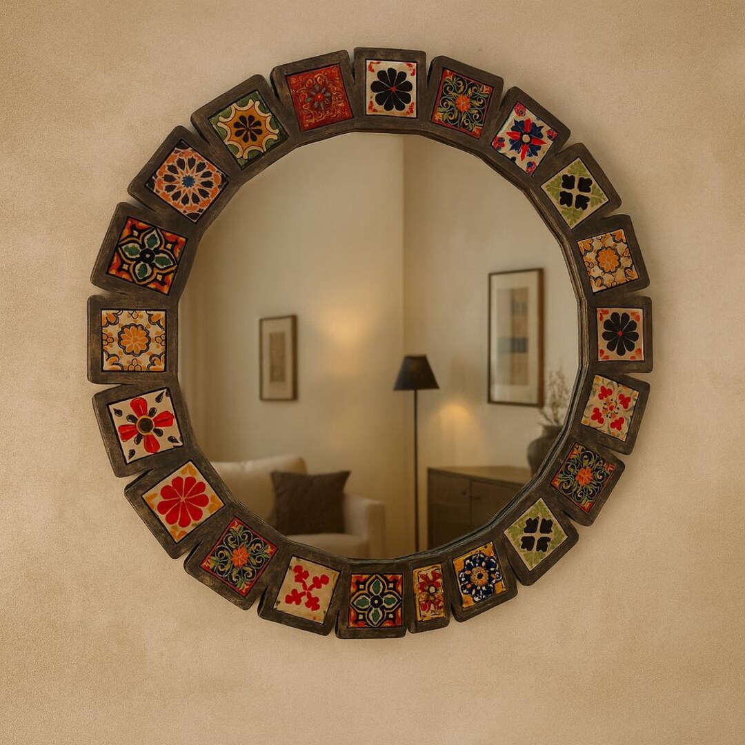 Mosaic Tile Mirror: Round Boho Wall Decor, Rustic Wood Frame - Etsy