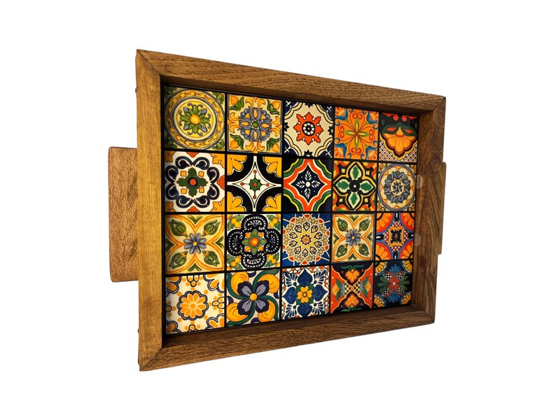 Handmade Wooden Serving Tray: Colorful Ceramic Tile Inlay ...