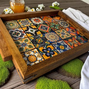Handmade Wooden Serving Tray: Colorful Ceramic Tile Inlay ...