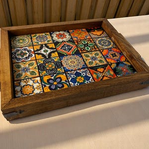 Handmade Wooden Serving Tray: Colorful Ceramic Tile Inlay ...