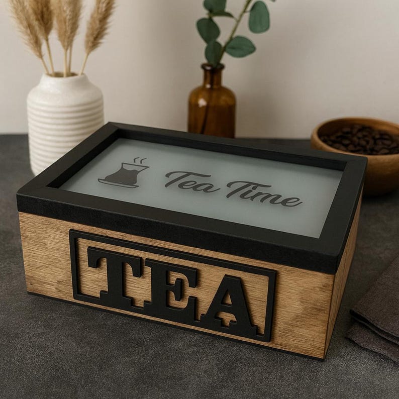 Handmade Wooden Tea Box | 5 Compartment Kitchen Organizer | Plexiglass ...