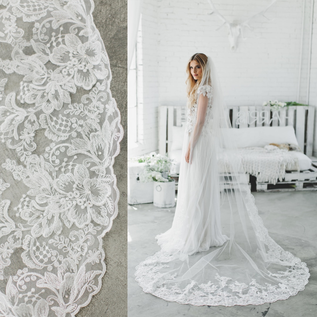 Embroidered Veil, Cathedral Lace Veil, Wedding Veil, Crystal Veil, Lace ...