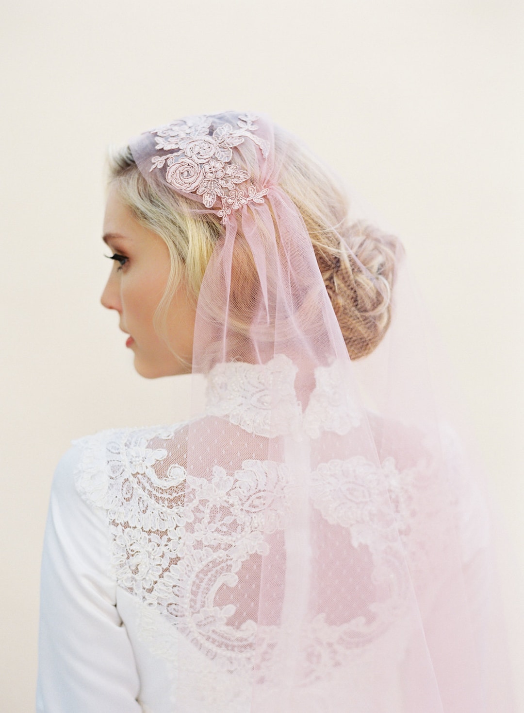 Pink Wedding Veil, Blush Veil, Lace Veil, Alencon Lace, Cap Wedding ...