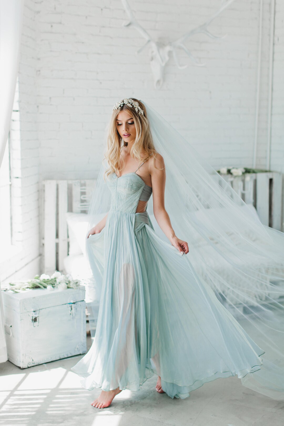Blue Wedding Veil, Ivory Cathedral Veil, Bridal Veil, Fingertip Length ...
