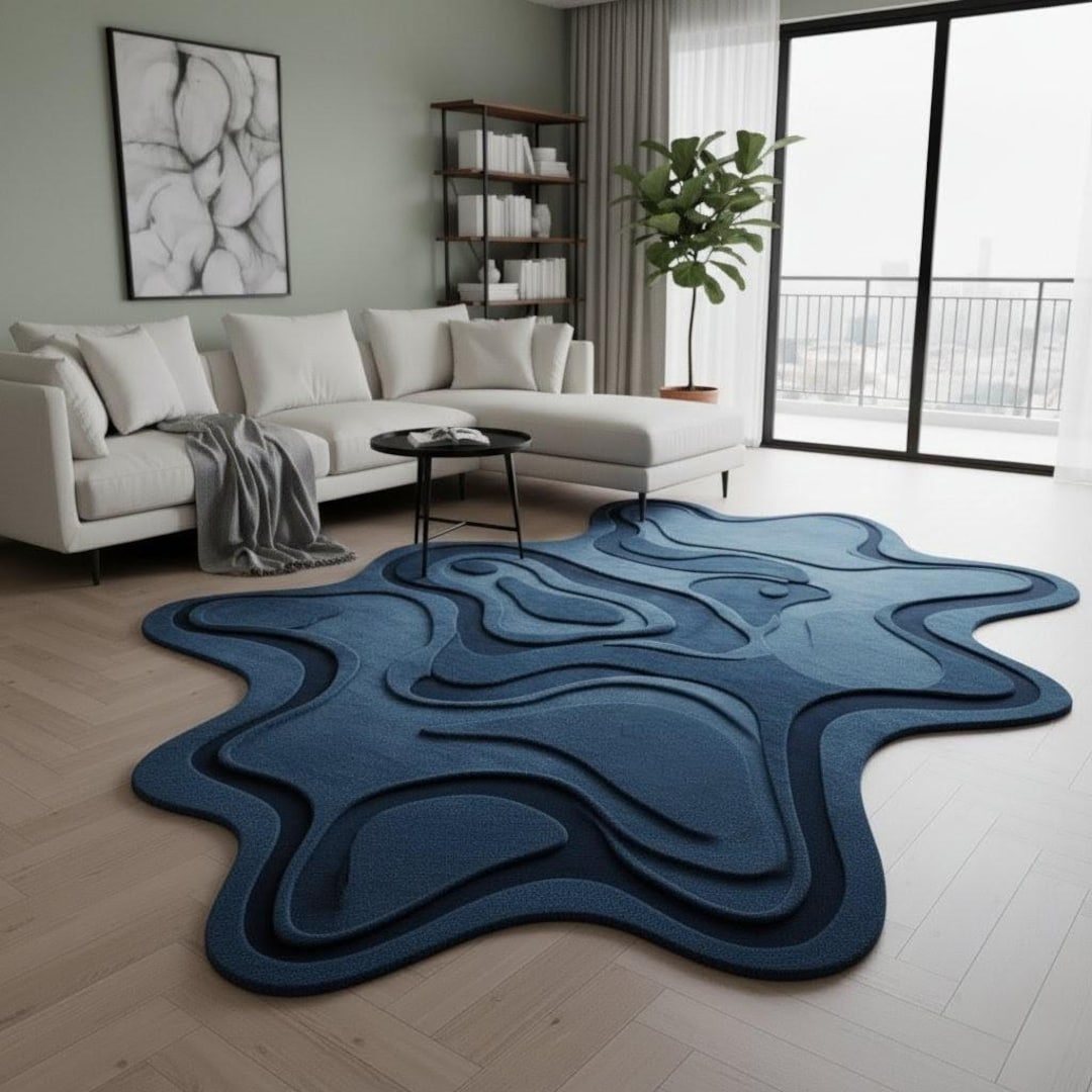 Hand Tufted Blue Amoeba Shape Rug – Modern 3D Abstract Wool Carpet for ...