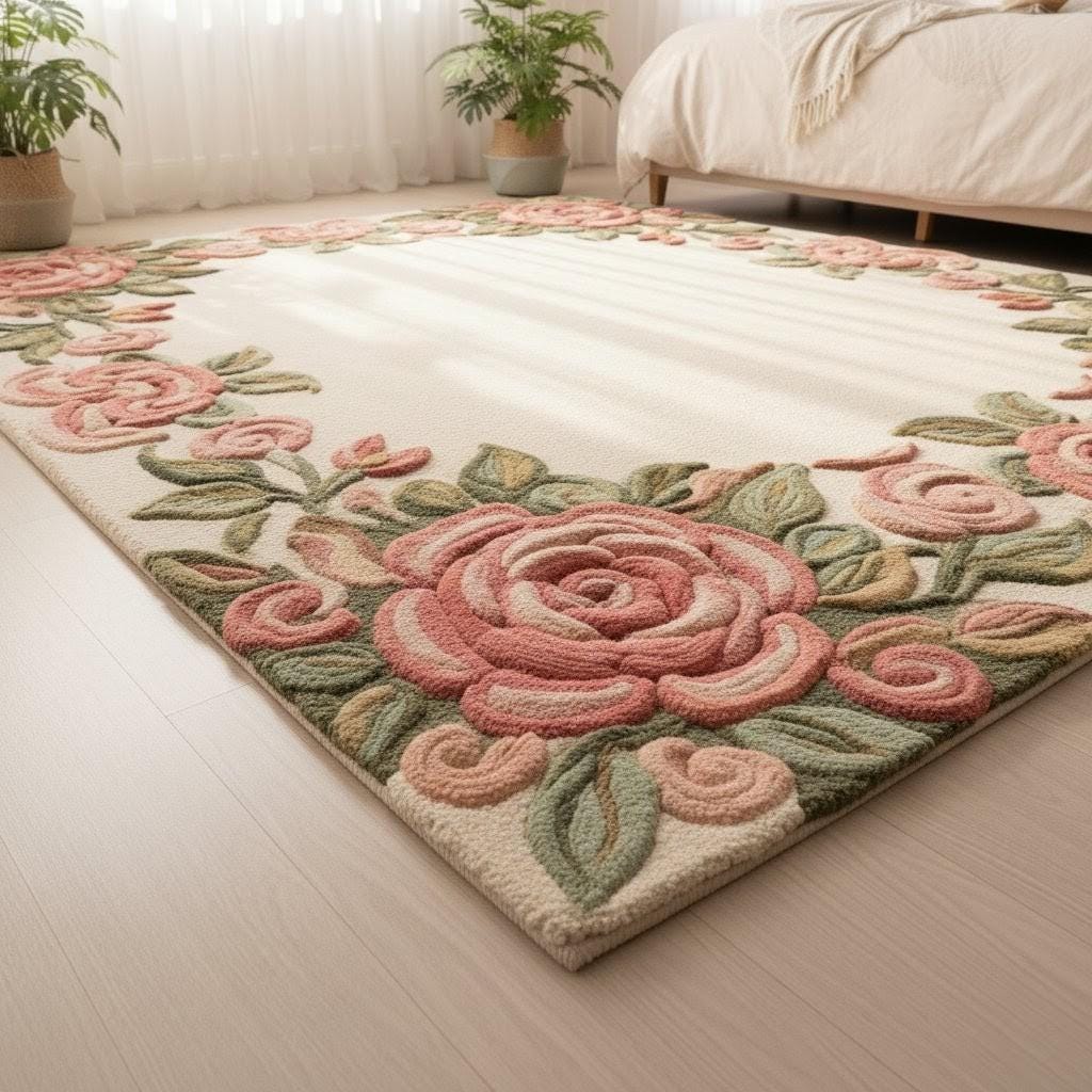 Hand Tufted Rose Floral Rug | New Zealand Wool Carpet | Vintage Border ...