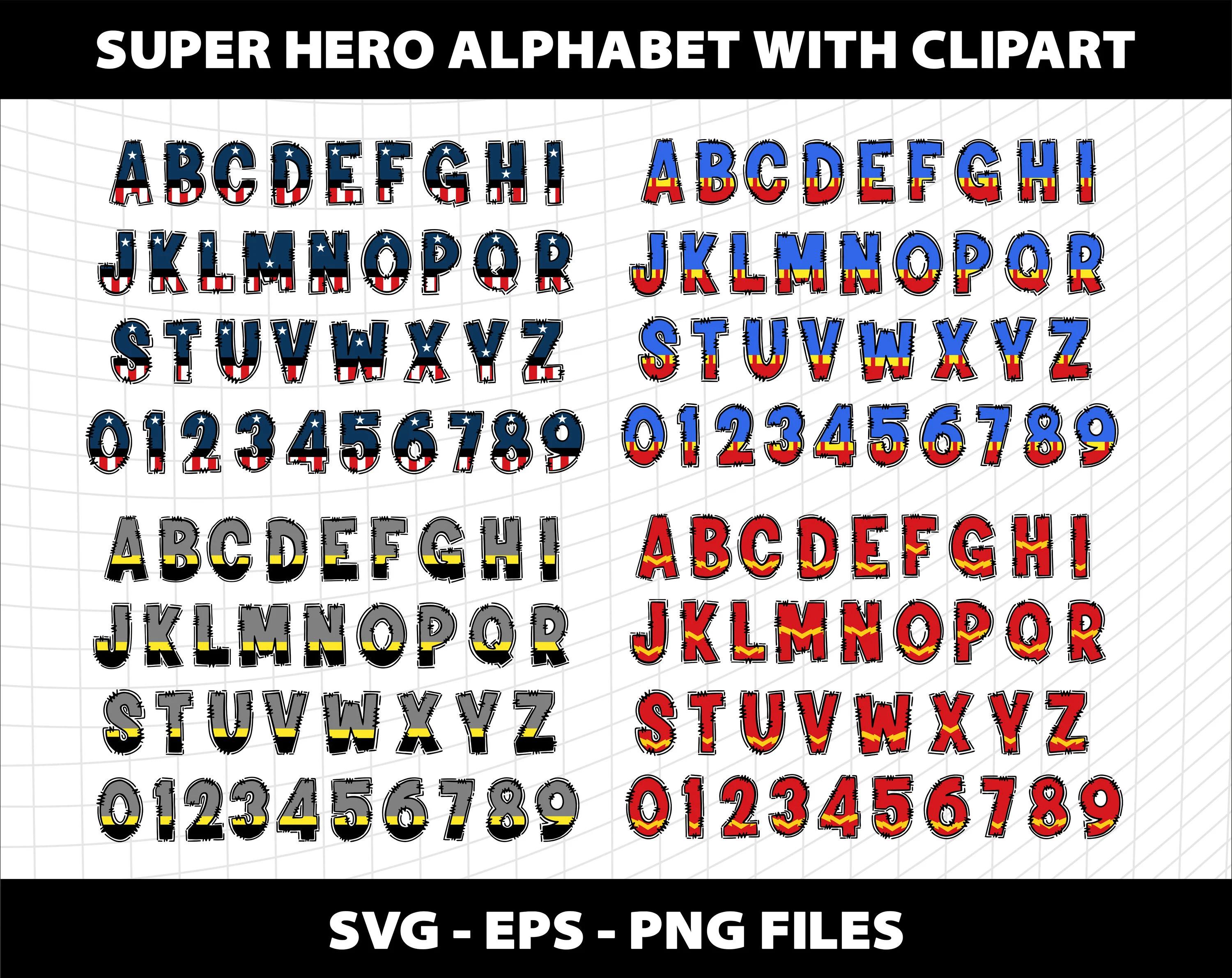 Superhero Doodle Alphabet Letters Cliparts Font Svg Png Number Birthday ...