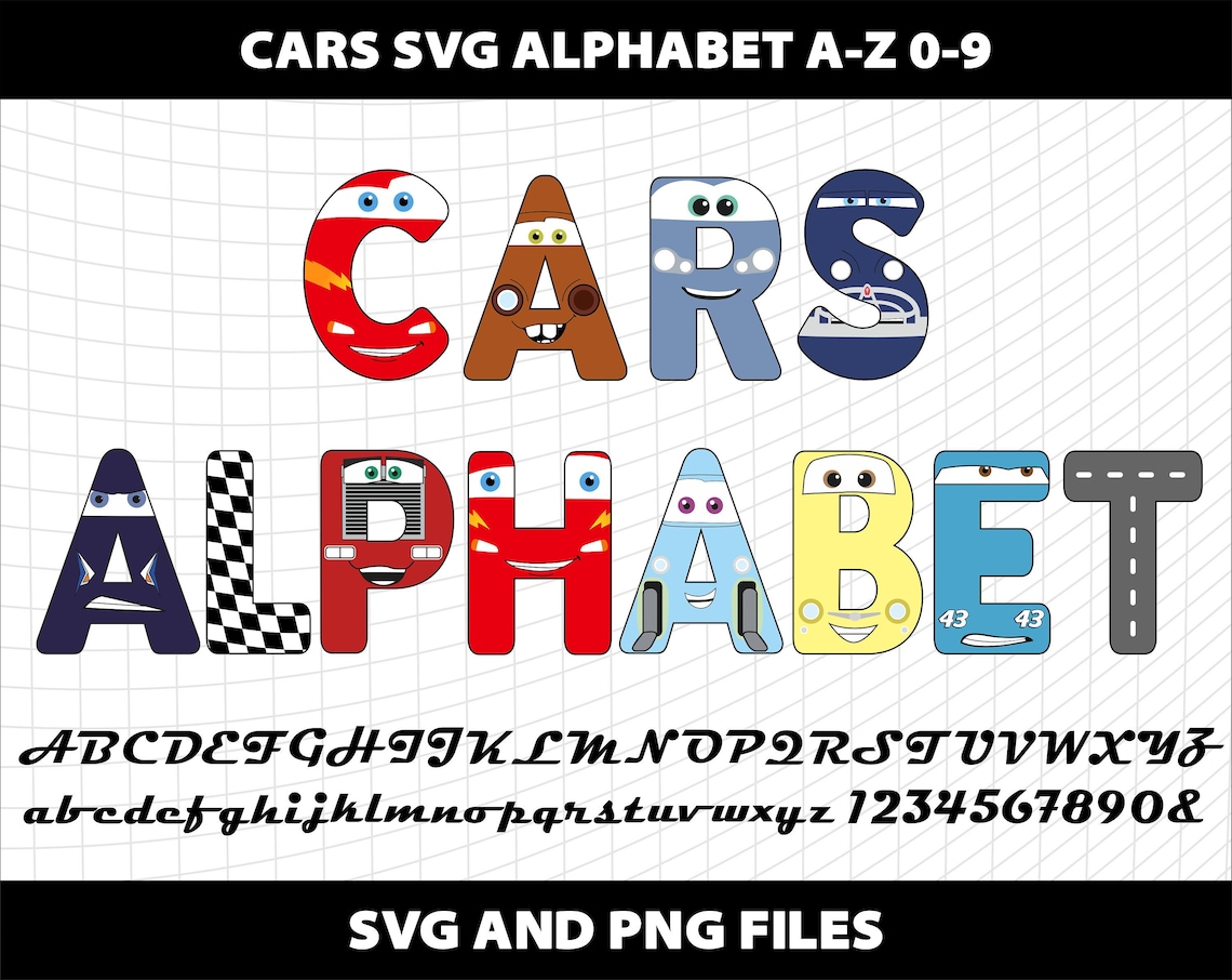 Cars Doodle Alphabet Letters Cliparts Font Svg Png Number Birthday ...