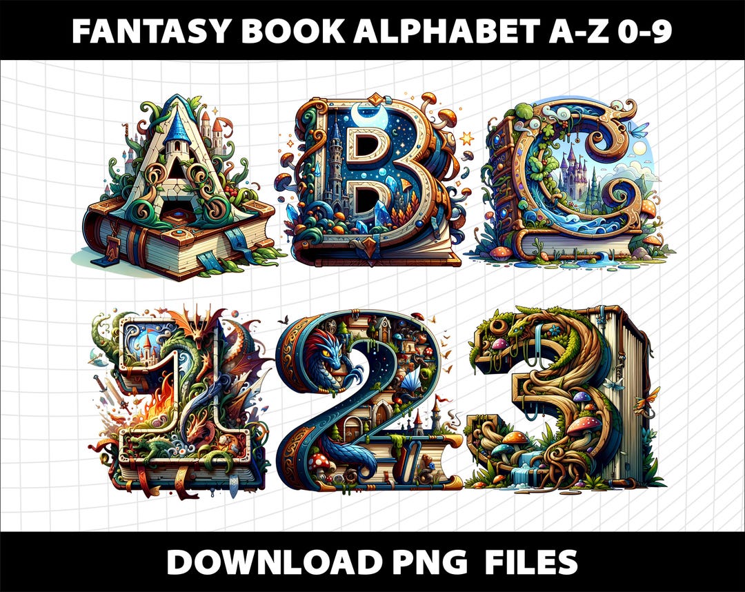 Fantasy Book Letters Alphabet Font Cliparts Png Template Bundle Design ...