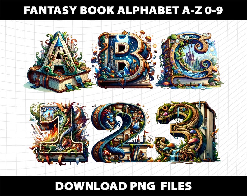 Fantasy Book Letters Alphabet Font Cliparts Png Template Bundle Design ...