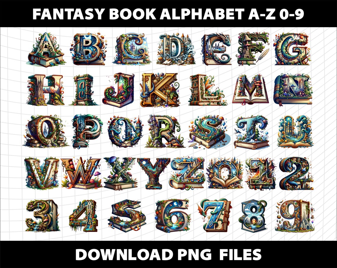Fantasy Book Letters Alphabet Font Cliparts Png Template Bundle Design ...