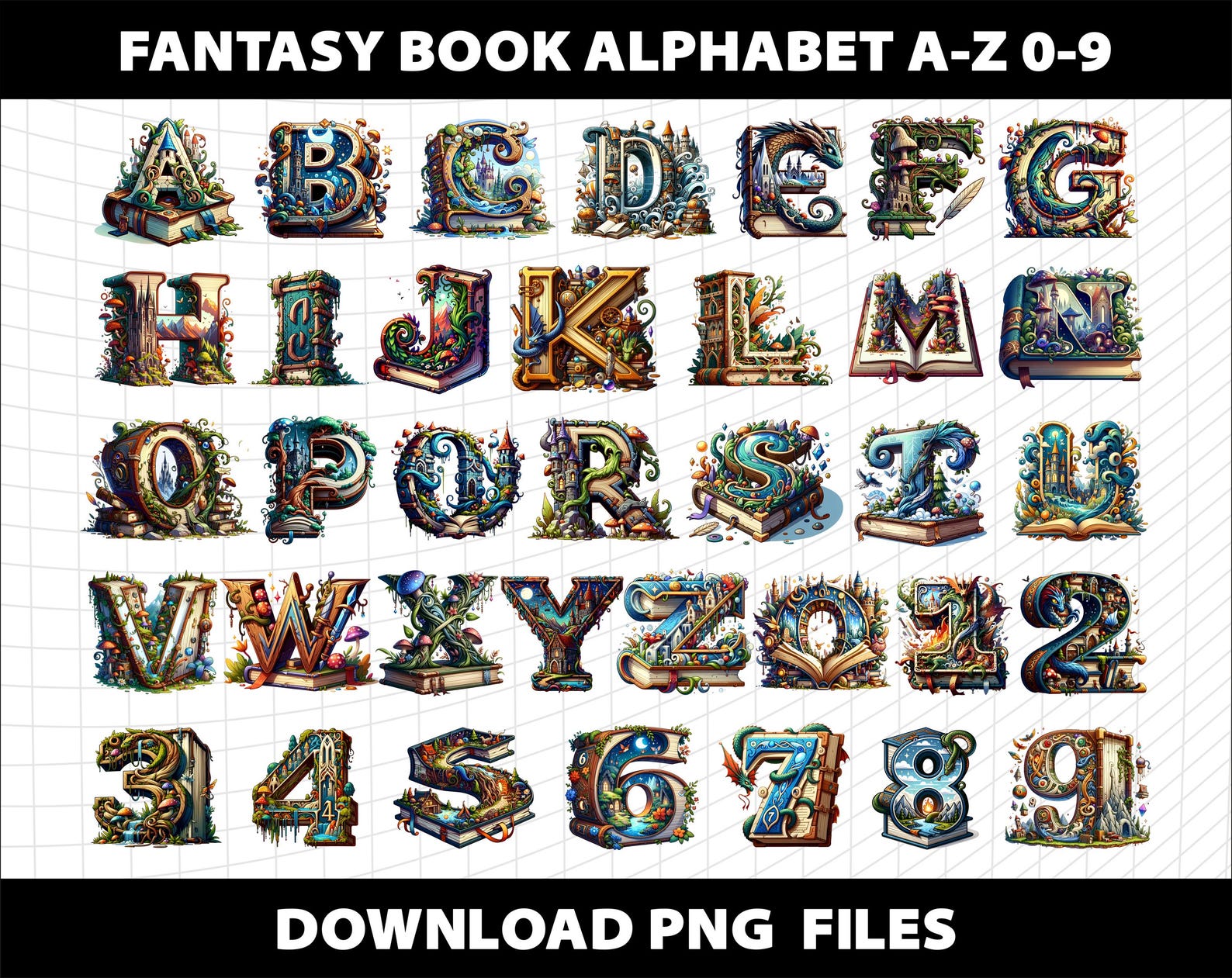 Fantasy Book Letters Alphabet Font Cliparts Png Template Bundle Design ...