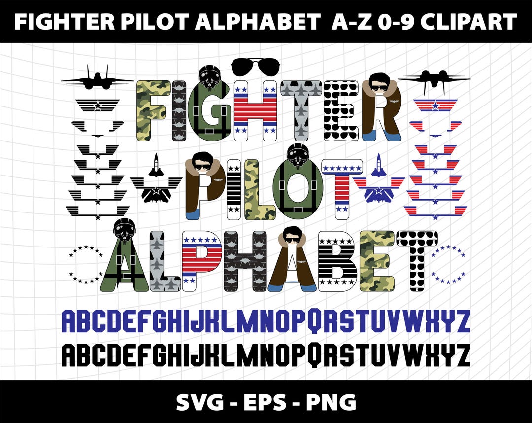 Patriotic Fighter Pilot Font TTF SVG PNG Alphabet Letters Cliparts Svg ...