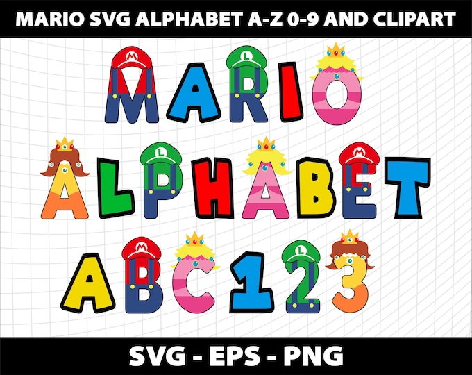Super Mario Alphabet Clipart: 4-color Letters, Numbers, Symbols (PNG ...