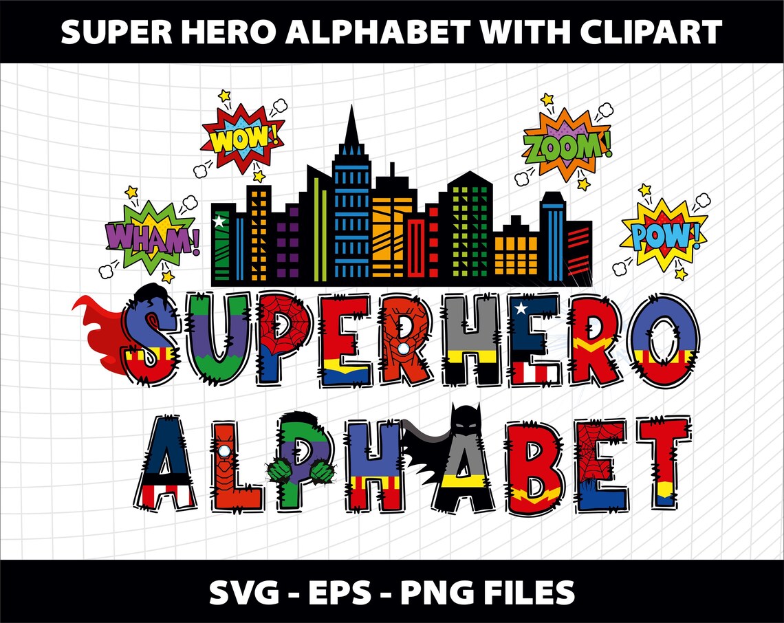 Superhero Doodle Alphabet Letters Cliparts Font Svg Png Number Birthday ...