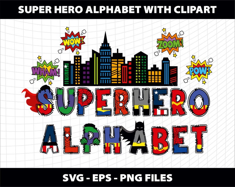 Superhero Doodle Alphabet Letters Cliparts Font Svg Png Number Birthday ...