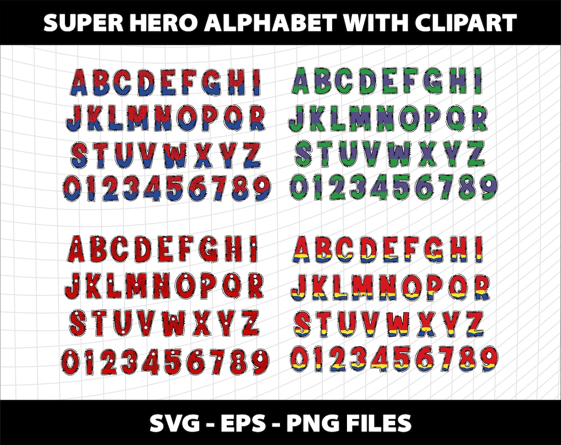 Superhero Doodle Alphabet Letters Cliparts Font Svg Png Number Birthday ...
