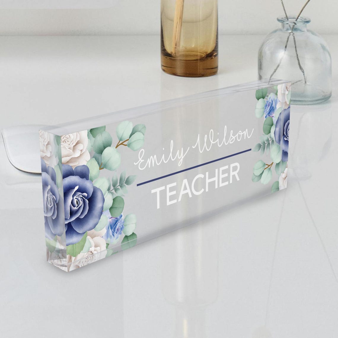 Floral Acrylic Name Plate: Custom Teacher Desk Decor - Etsy