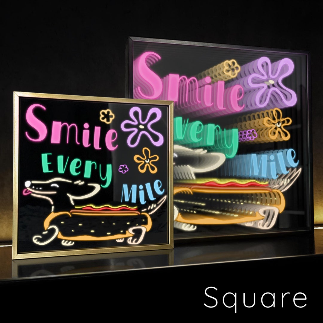 Sausage Dog LED Infinity Neon Mirror, Cute 'smile Every Day' Dachshund ...