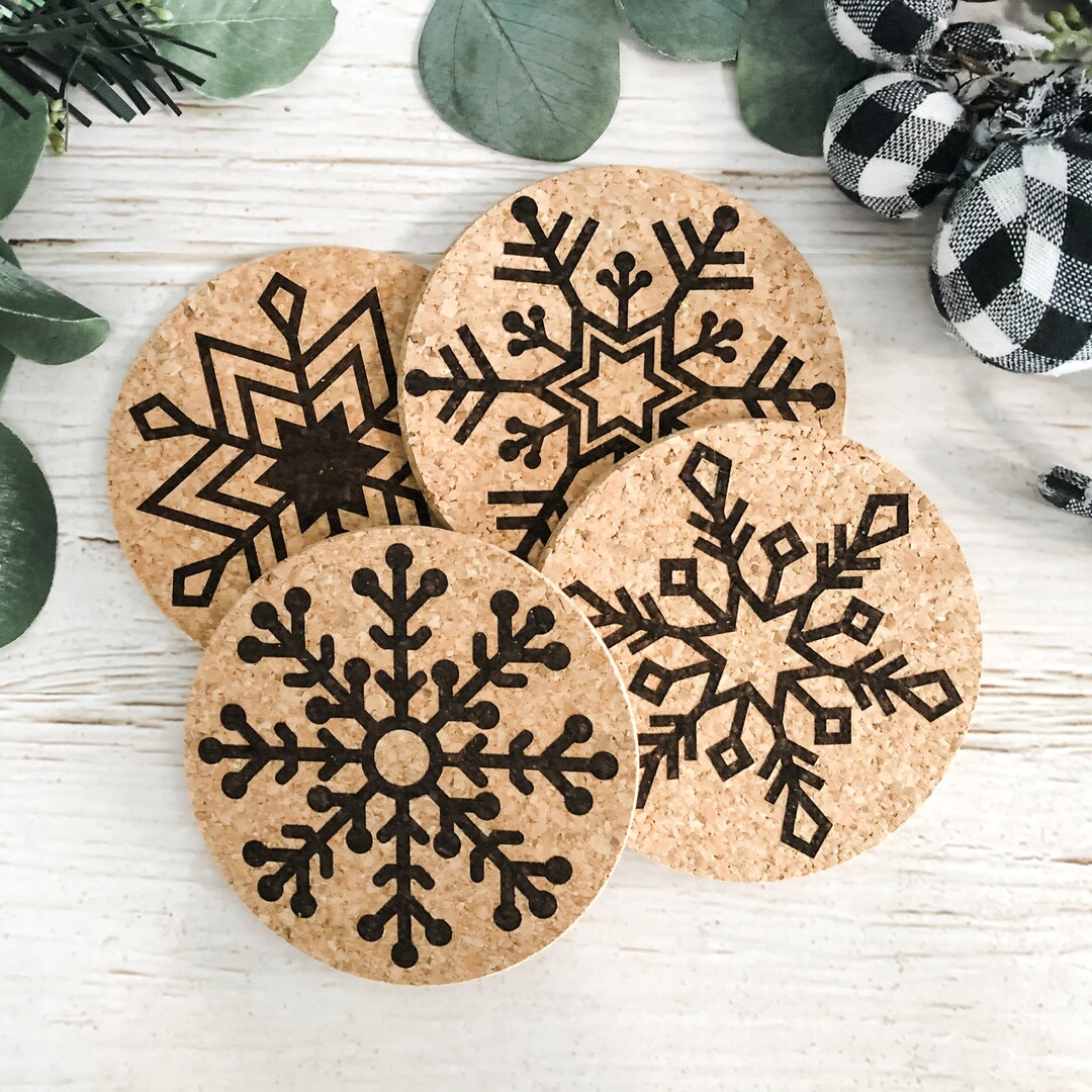 Snowflakes Christmas Coaster Set of 4 Cork Coasters Holiday Gift Set ...