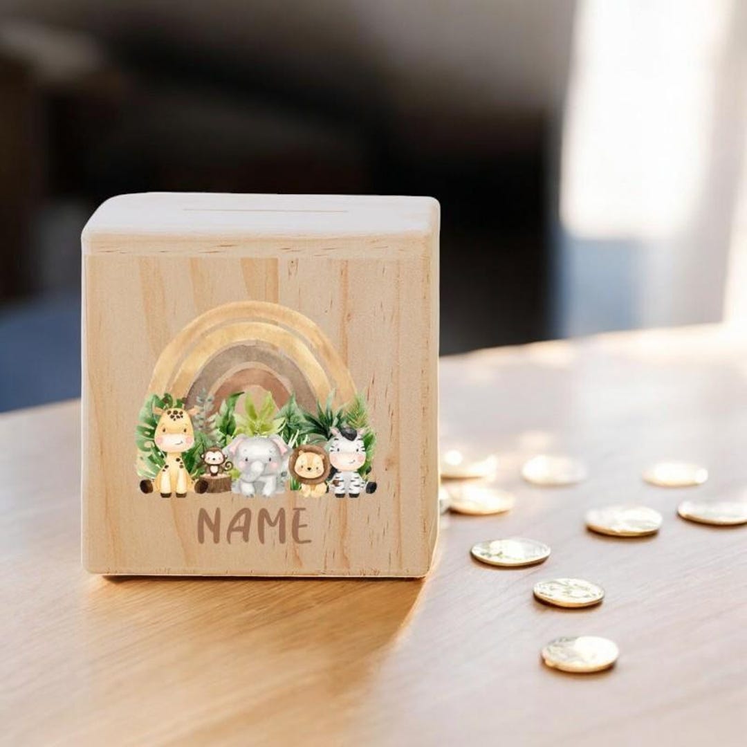 Personalized Money Box Rainbow Safari Animals With Name Wooden Money ...