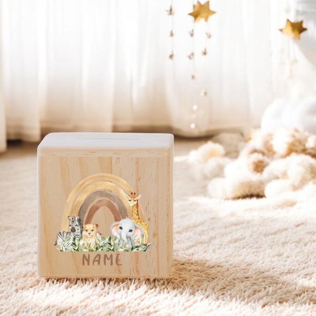 Personalized Money Box Rainbow Safari Animals With Name Wooden Money ...