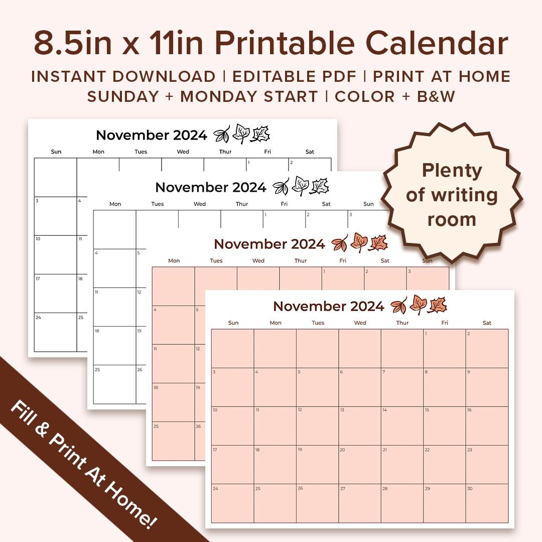 Printable Calendar Editable PDF Digital Download 8.5x11 November 2024 ...