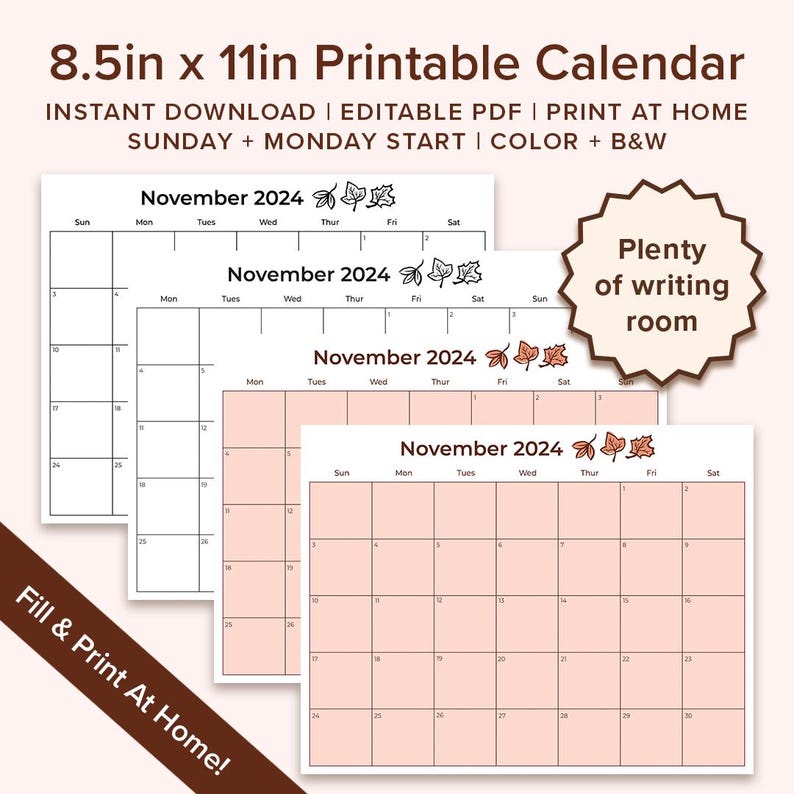 Printable Calendar Editable PDF Digital Download 8.5x11 November 2024 ...