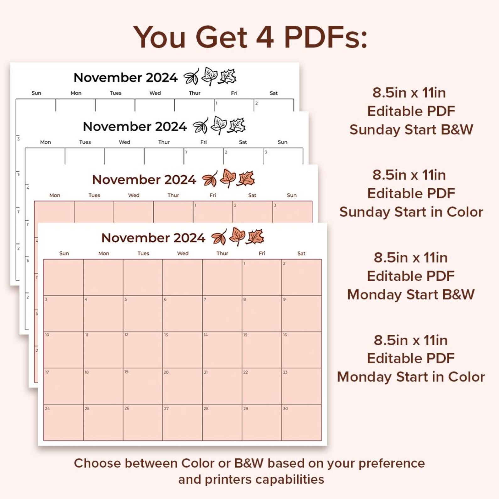 Printable Calendar Editable PDF Digital Download 8.5x11 November 2024 ...