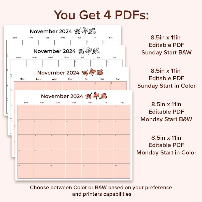 Printable Calendar Editable PDF Digital Download 8.5x11 November 2024 ...
