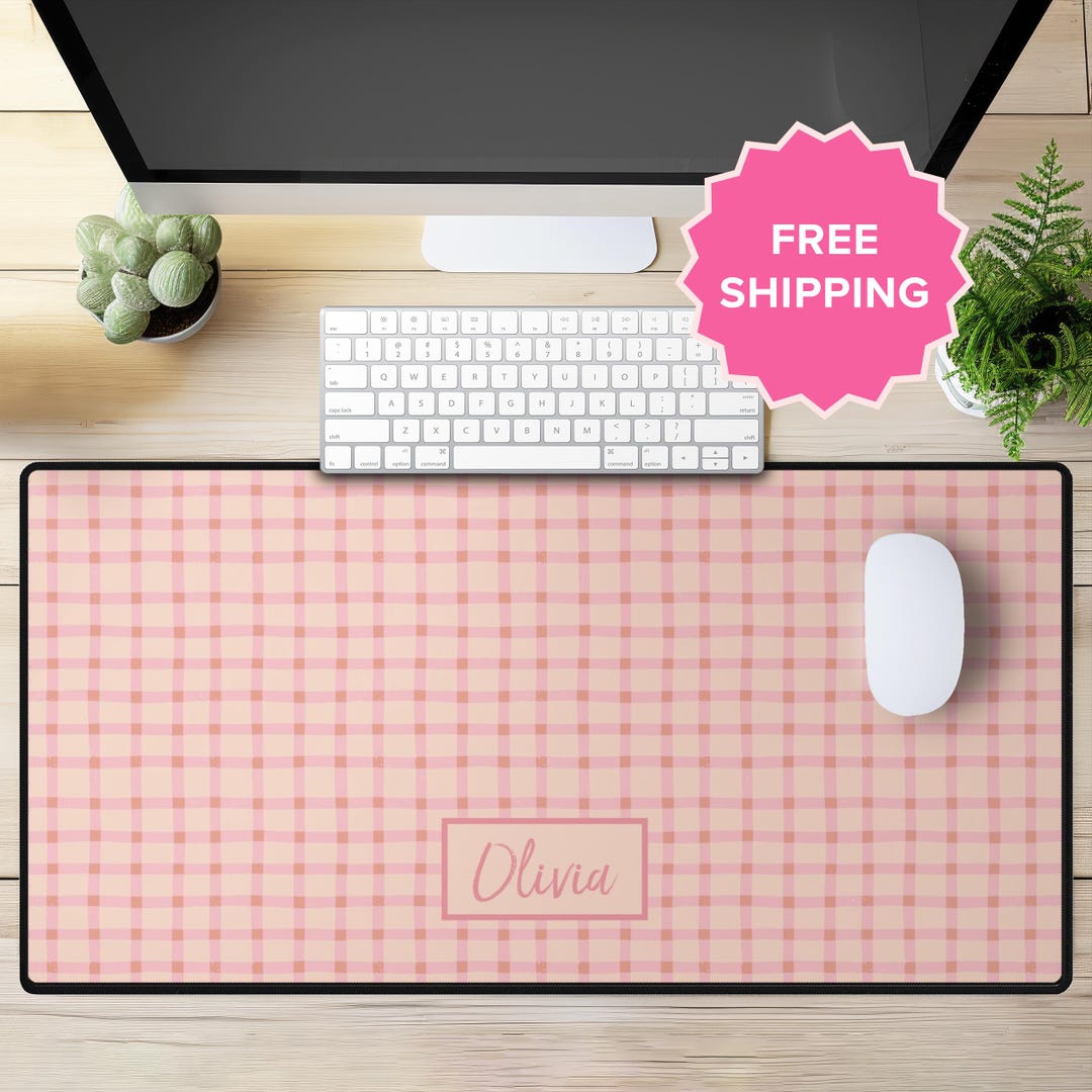 Cozy Desk Mat Pink Gingham Desk Accessories Personalized Gift for Women ...
