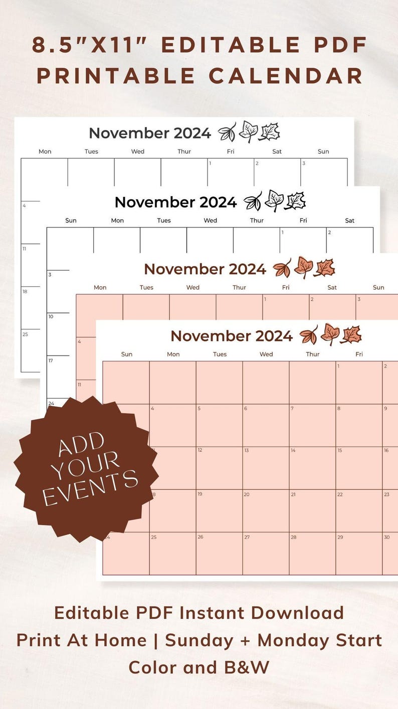 Printable Calendar Editable PDF Digital Download 8.5x11 November 2024 ...