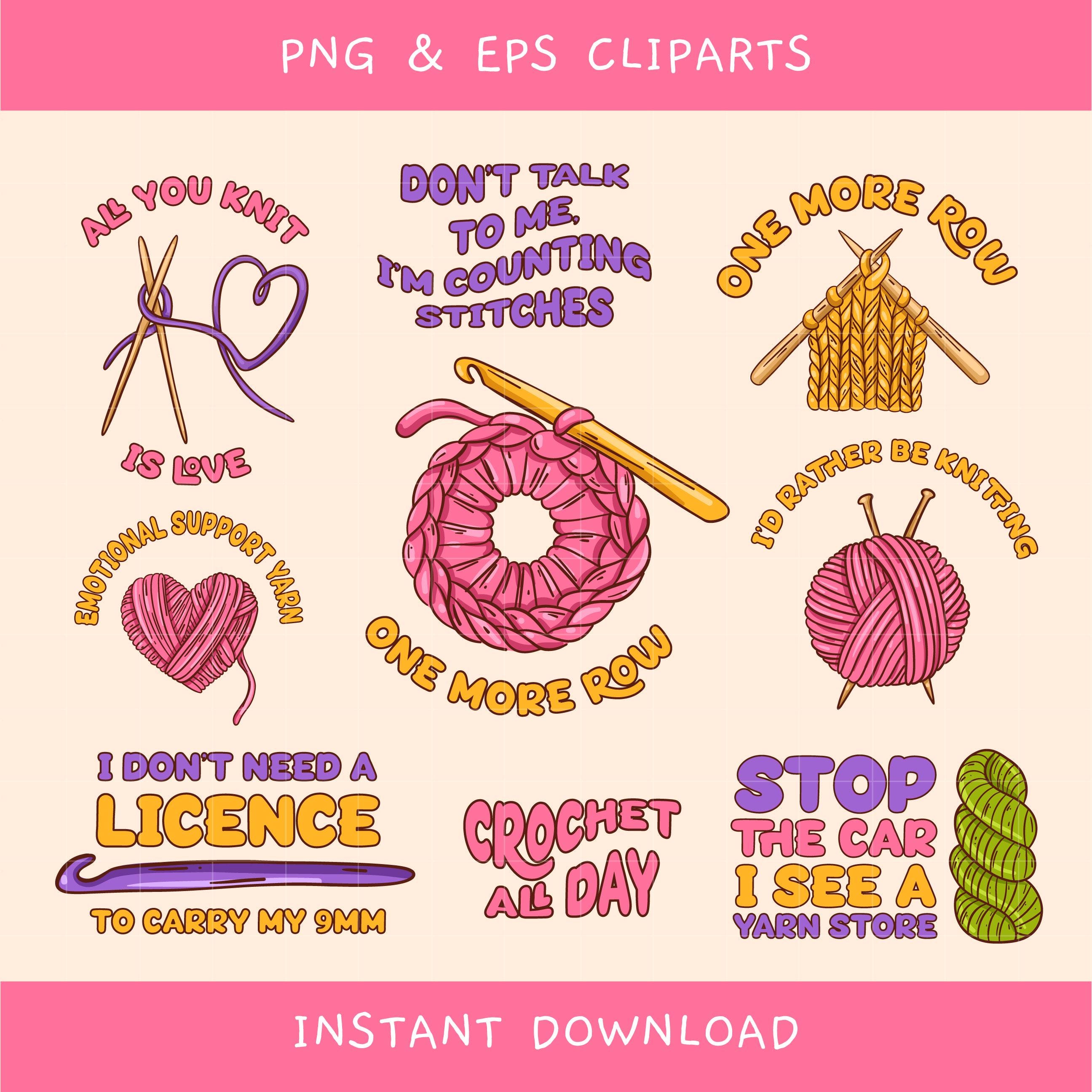 Knitting and Crochet Clipart Bundle, Funny Yarn Quotes, PNG & EPS ...