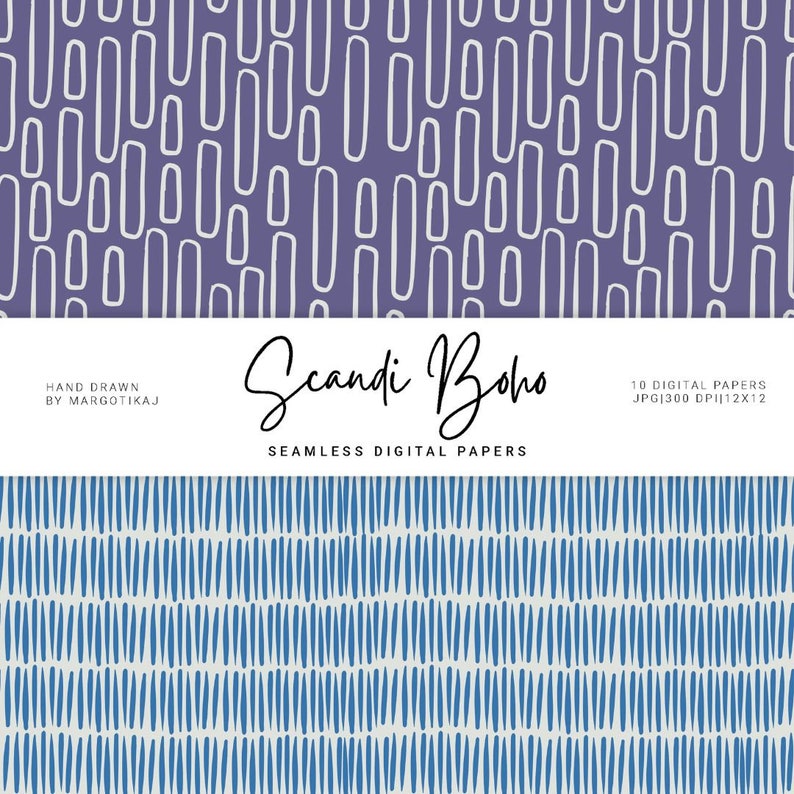 Scandi Boho Digital Paper Pack,hand Drawn Patterns, Blue and White ...