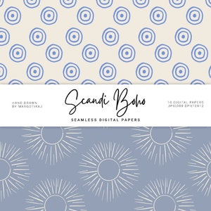 Scandi Boho Digital Paper Pack,hand Drawn Patterns, Blue and White ...