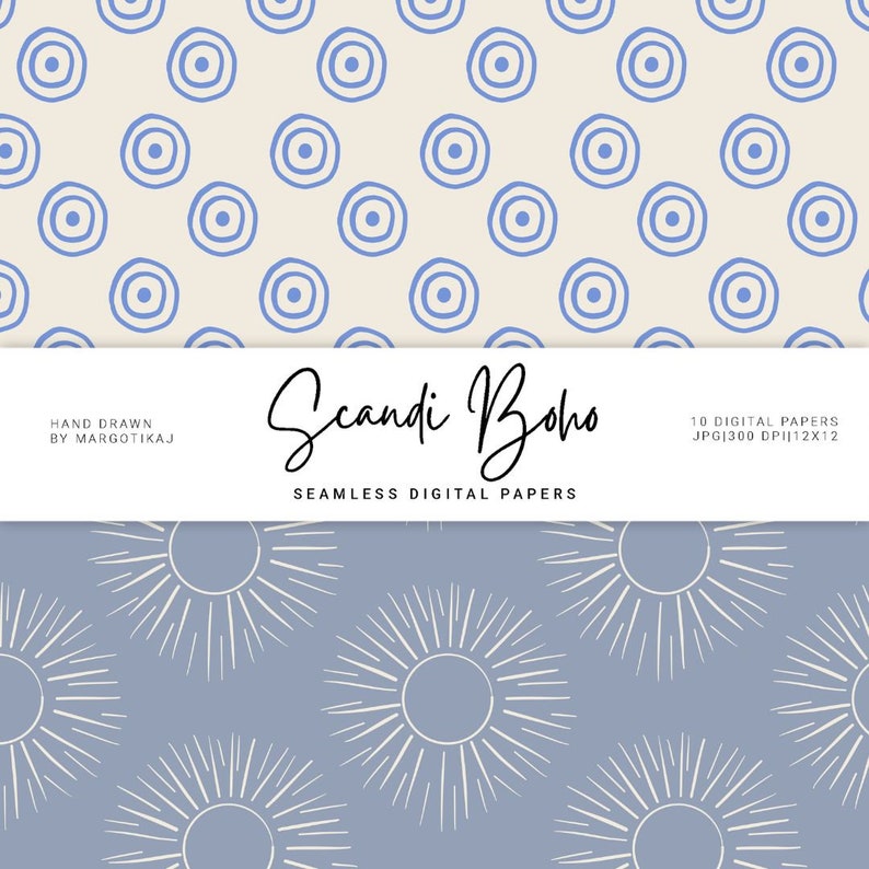 Scandi Boho Digital Paper Pack,hand Drawn Patterns, Blue and White ...