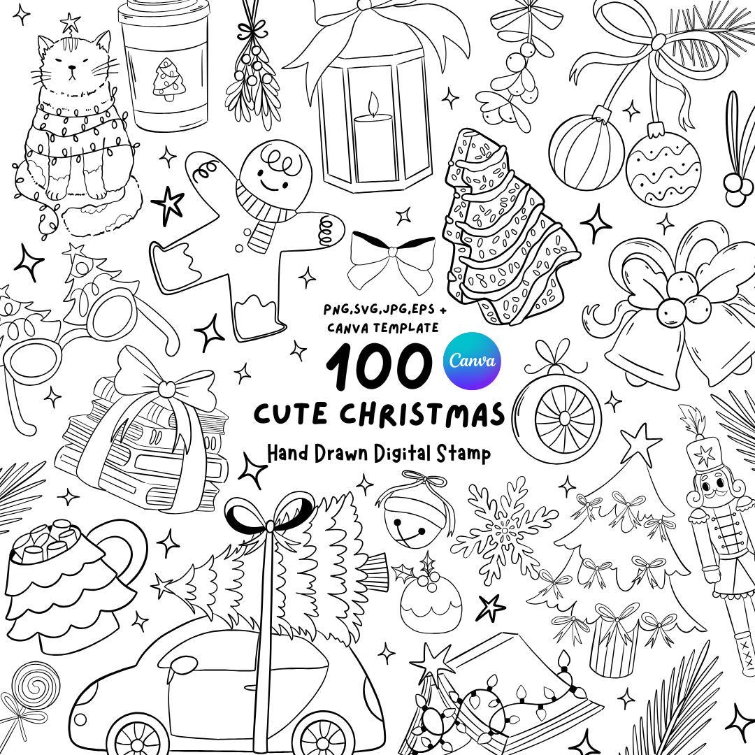 100 Cute Christmas Digital Stamps, Christmas Line Art PNG SVG, Coloring ...