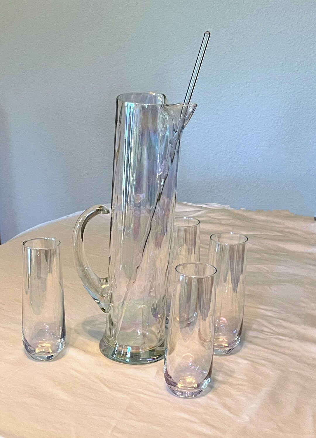 13" Tall Iridescent Glass Cocktail Pitcher & Stirrer With 4 Matching ...