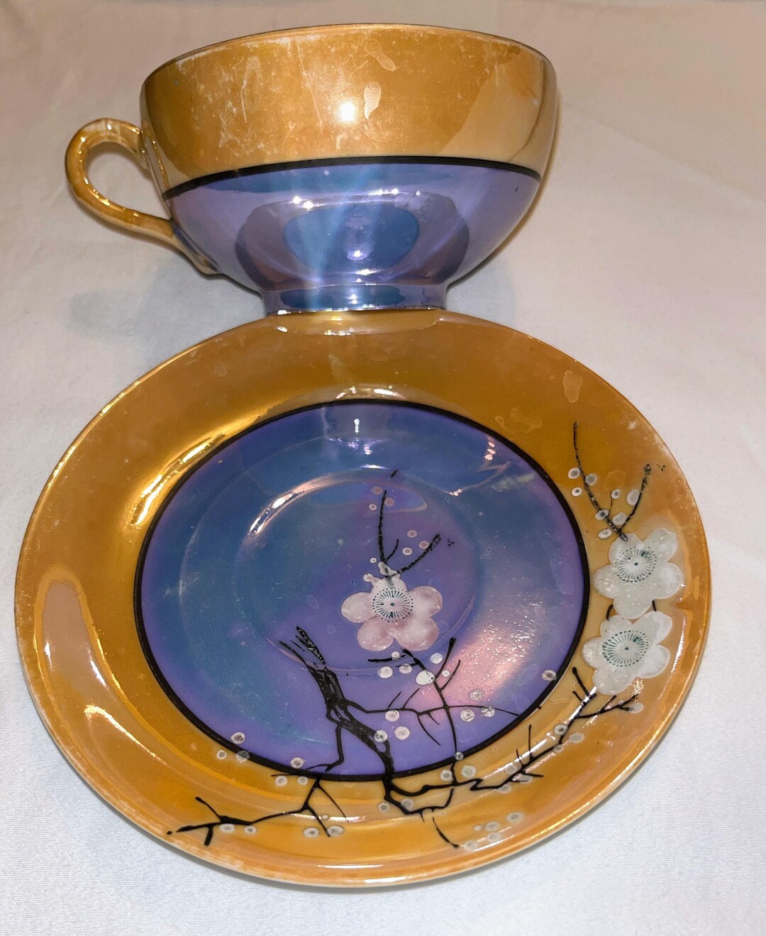 Antique Takito Lusterware Tea Cup and Saucer Peach & Blue Purple ...