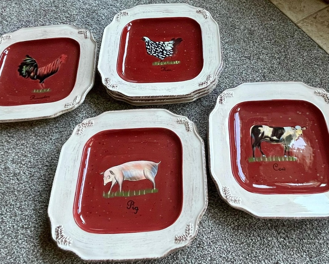 Vintage Farm Dinnerware Set: Ceramic Plates, Handmade Napkins & Napkin ...