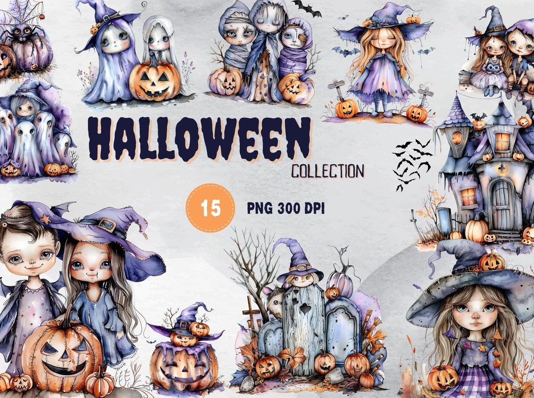 Watercolor Cute Halloween Clipart | Witchy, Ghost, Pumpkins, Haunted ...